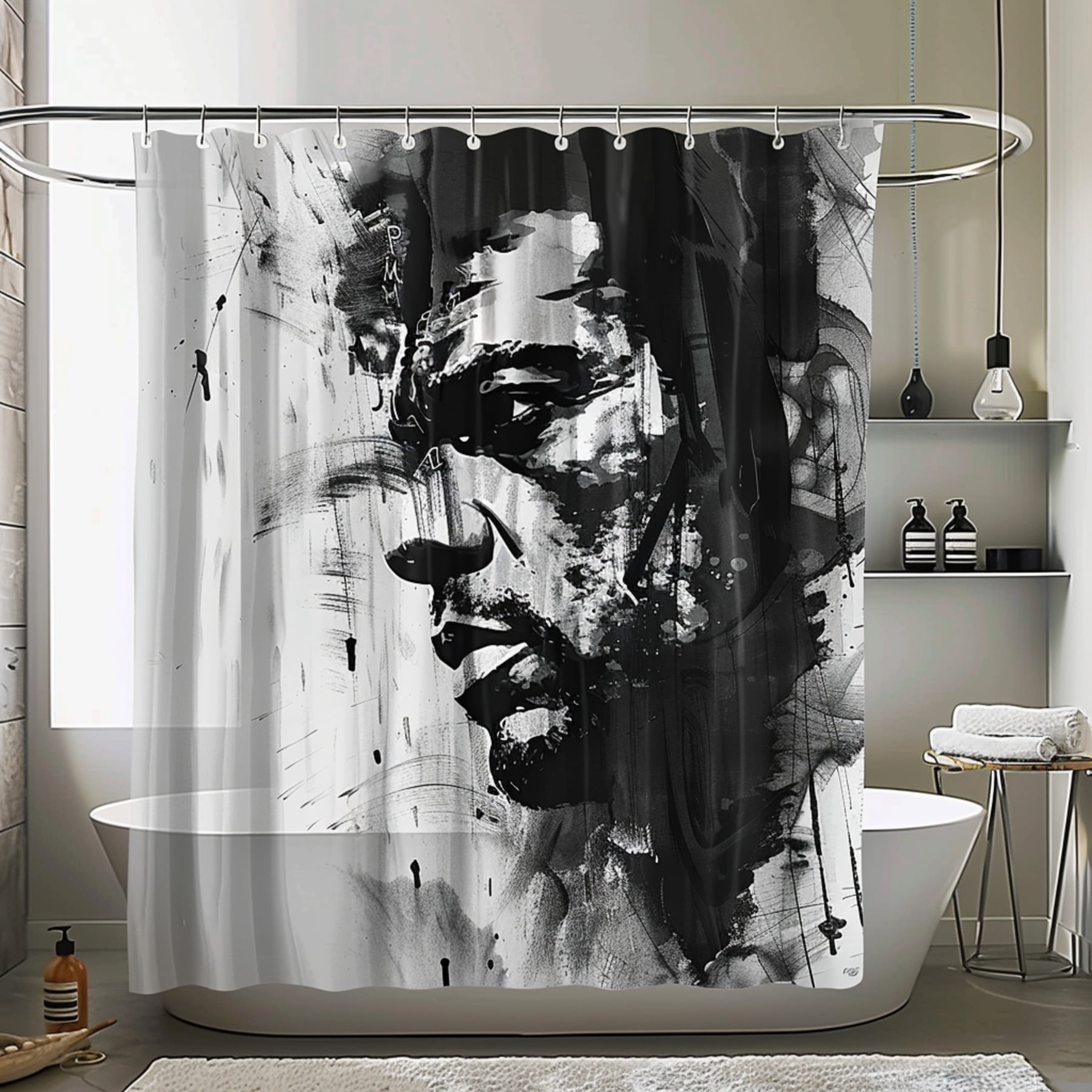 Brown Graffiti Style Portrait Shower Curtain Iconic Music Art Black and ...