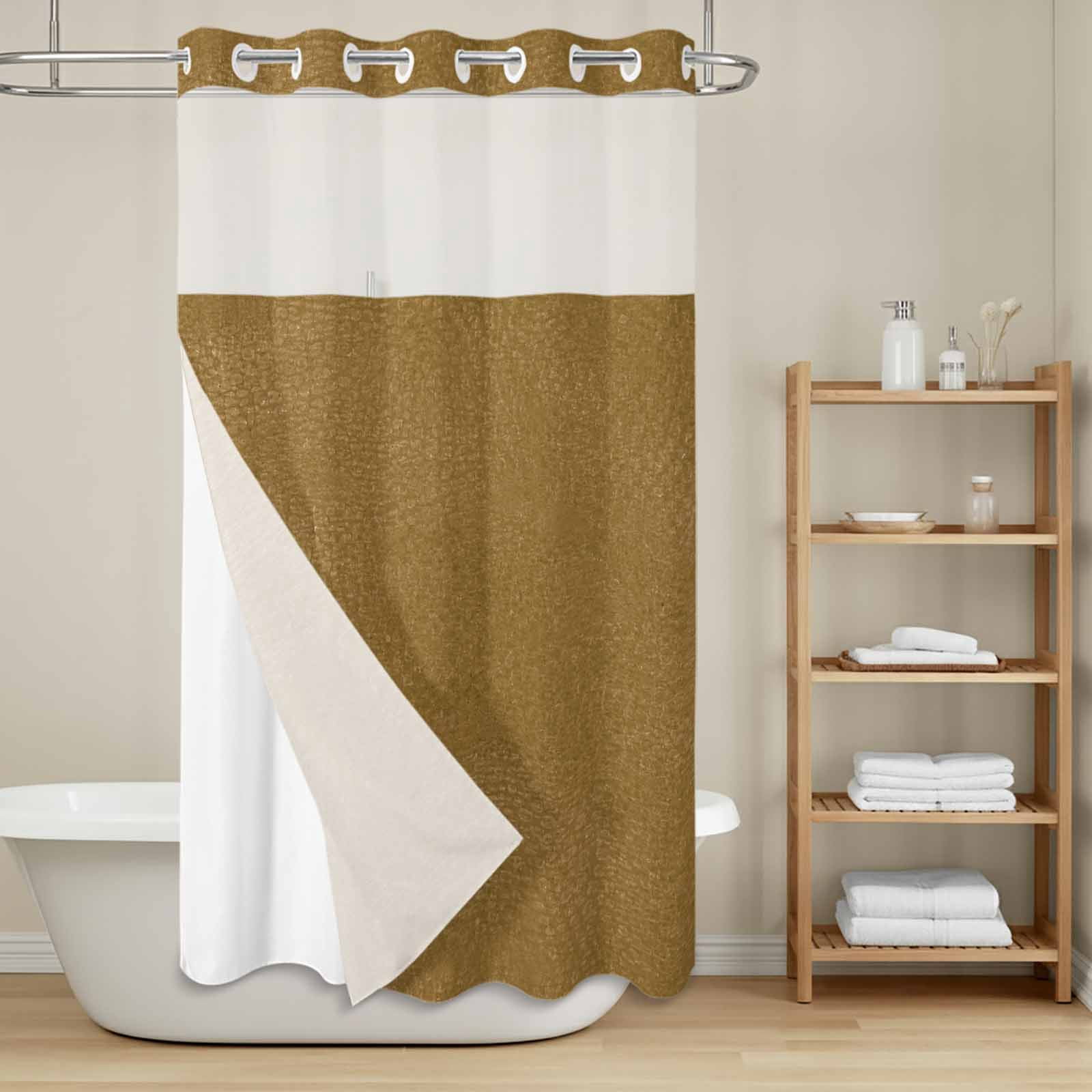Brown Grain Texture No Hook Shower Curtain with Snap in Liner, Vintage ...