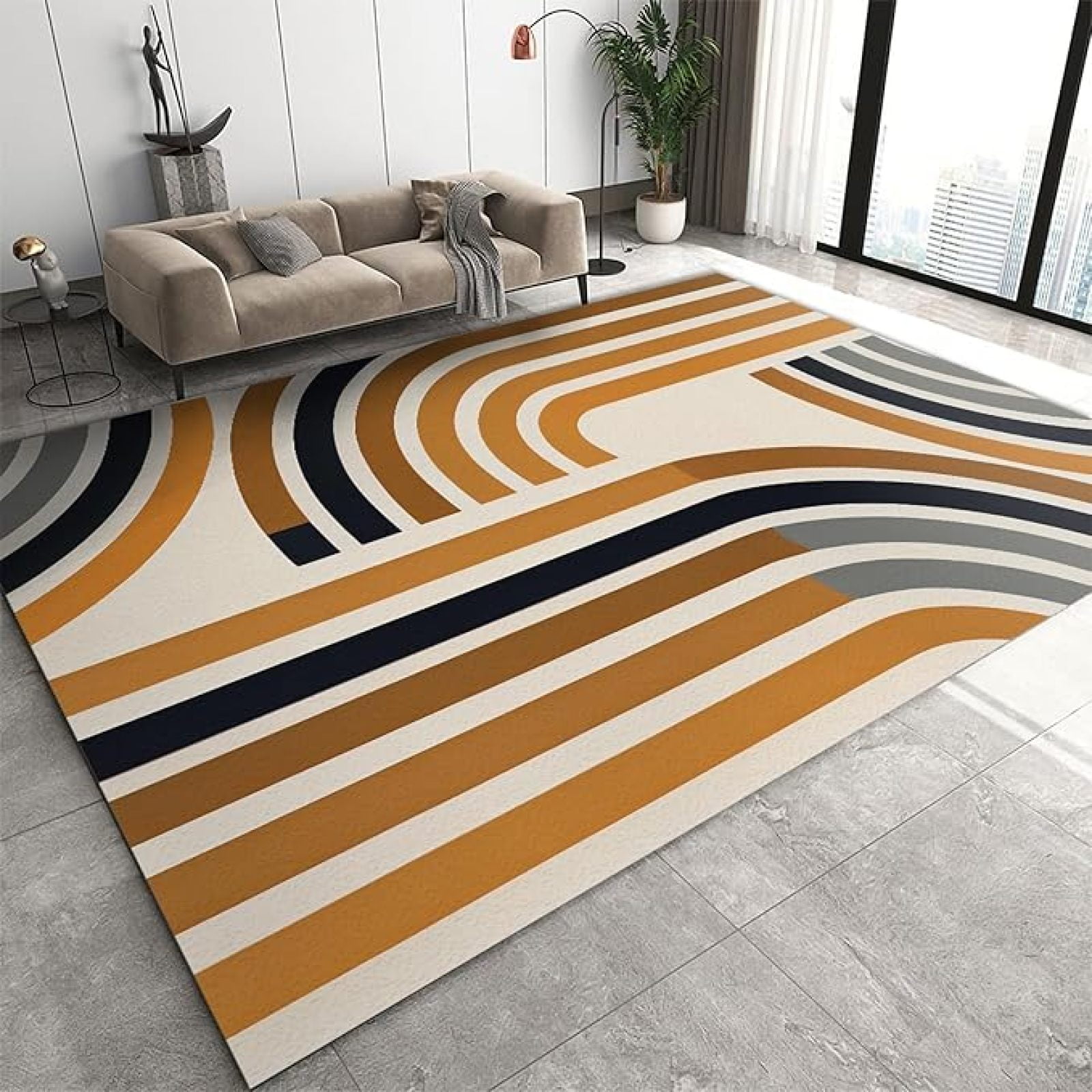 Brown And Gray Arched Stripes Area Rug, Minimalist Medieval Art Style ...