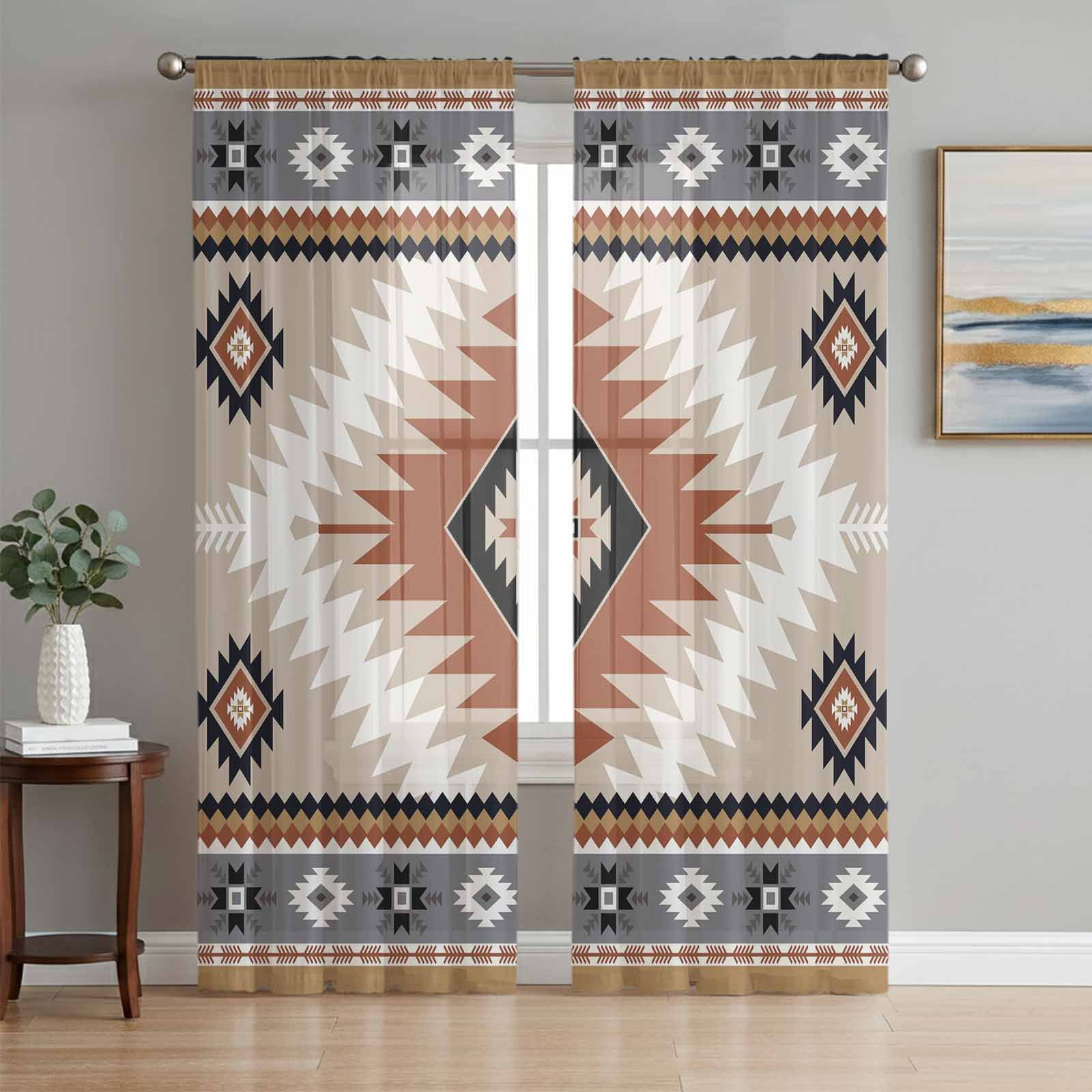 Brown Gray Boho Sheer Curtains 84 Inch Length 2 Panels Set ...