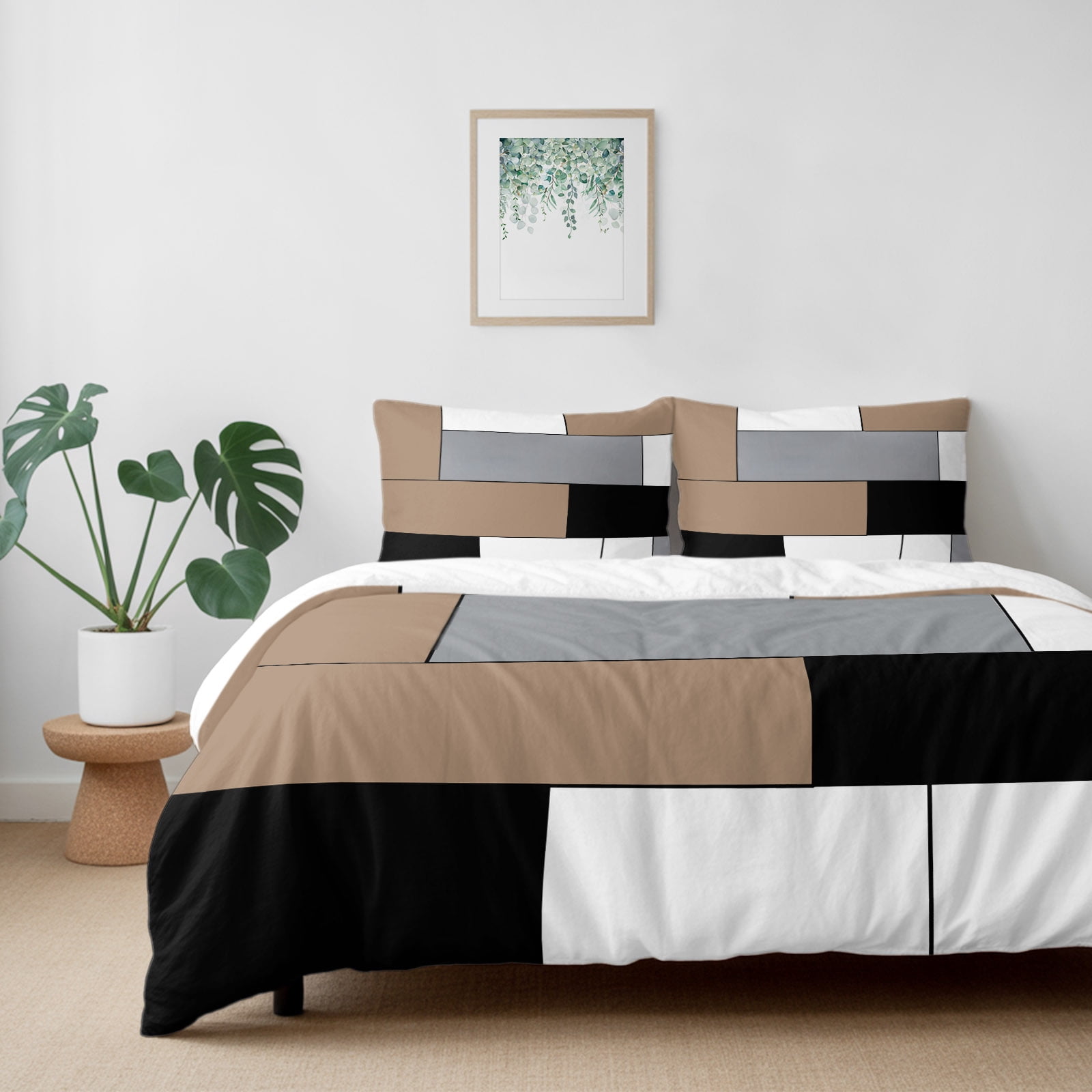 Brown Gray Color Block California King Size Bed Set,Geometric ...