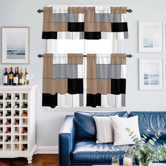 Brown Gray Color Block Curtain Tier and Valance Set 3 Piece, Geometric ...