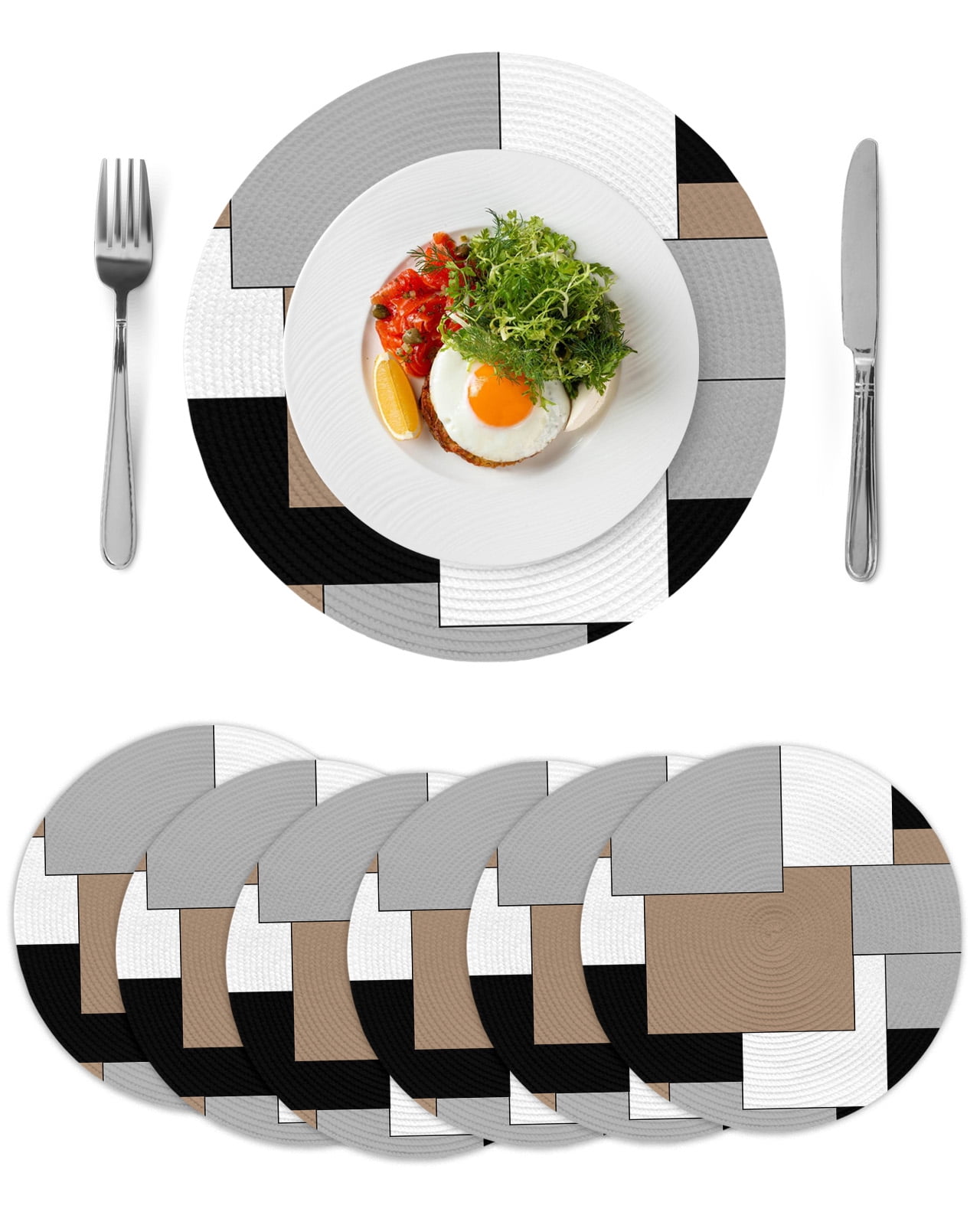 Brown Gray Color Block Round Table Placemats set of 6, Abstract Modern ...