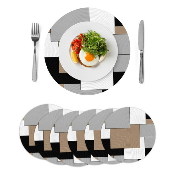 Brown Gray Color Block Round Table Placemats set of 6, Abstract Modern ...