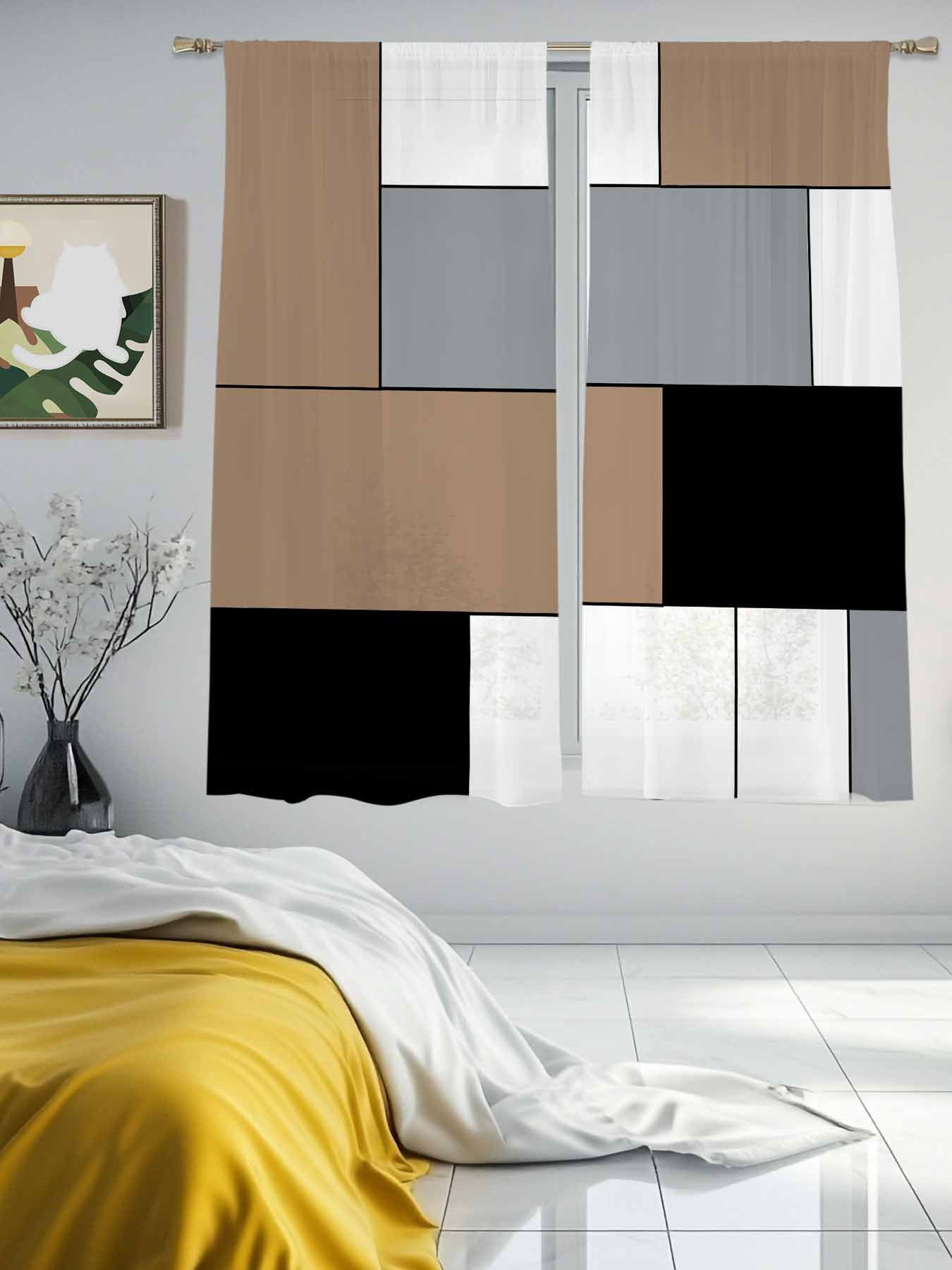 Brown Gray Color Block Sheer Curtains 2 Panels Set Geometric Minimalist ...
