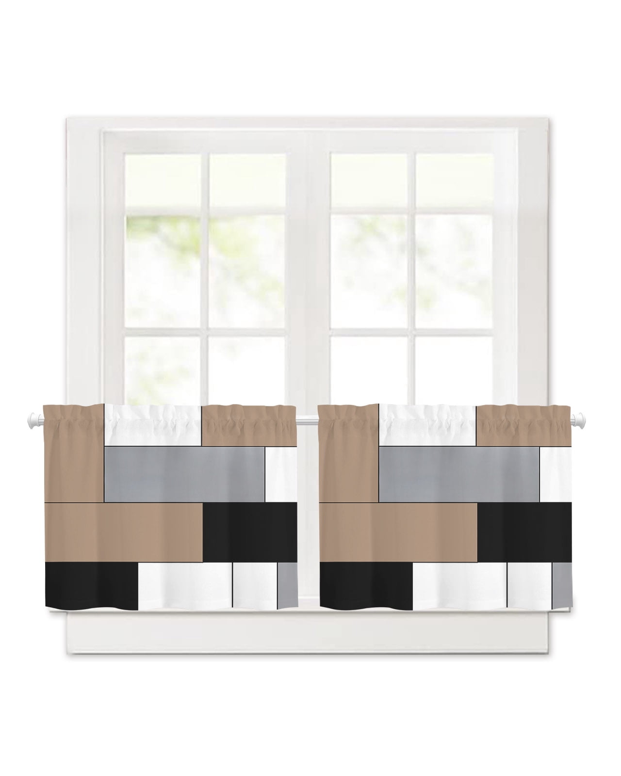 Brown Gray Color Block Short Blackout Curtains 24 Inch Long,Geometric ...