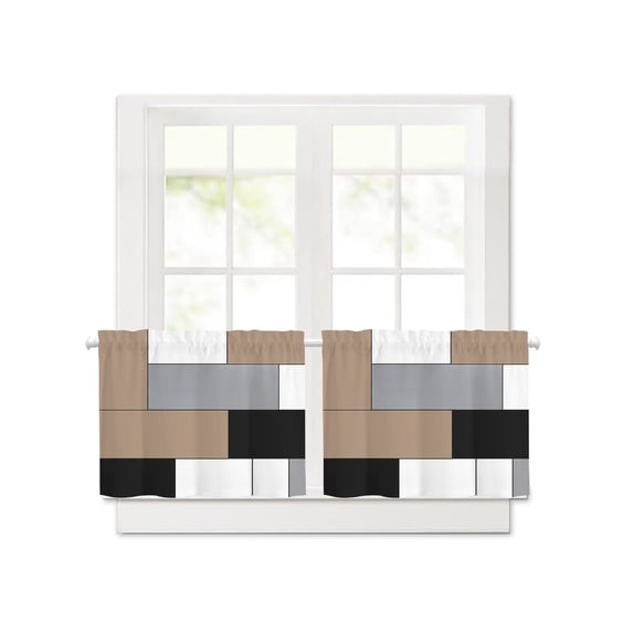 Brown Gray Color Block Short Blackout Curtains 24 Inch Long,Geometric ...