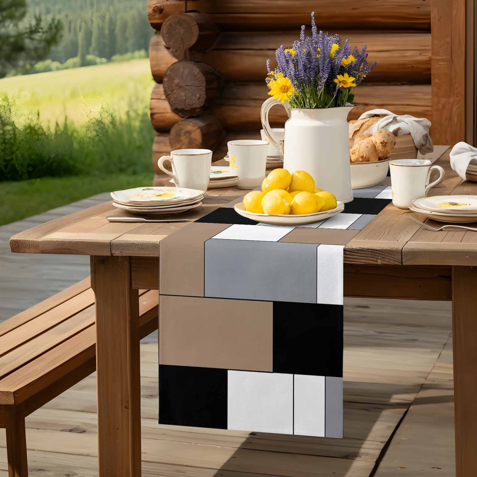 Brown Gray Color Block Table Runner 13x90in Non-Slip Cotton Linen Table ...