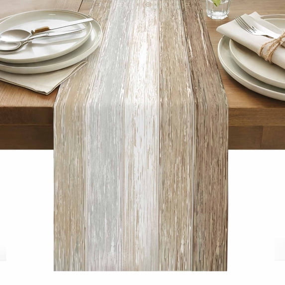 Brown Gray Cotton Linen Table Runner White Gradient Rustic Striped ...