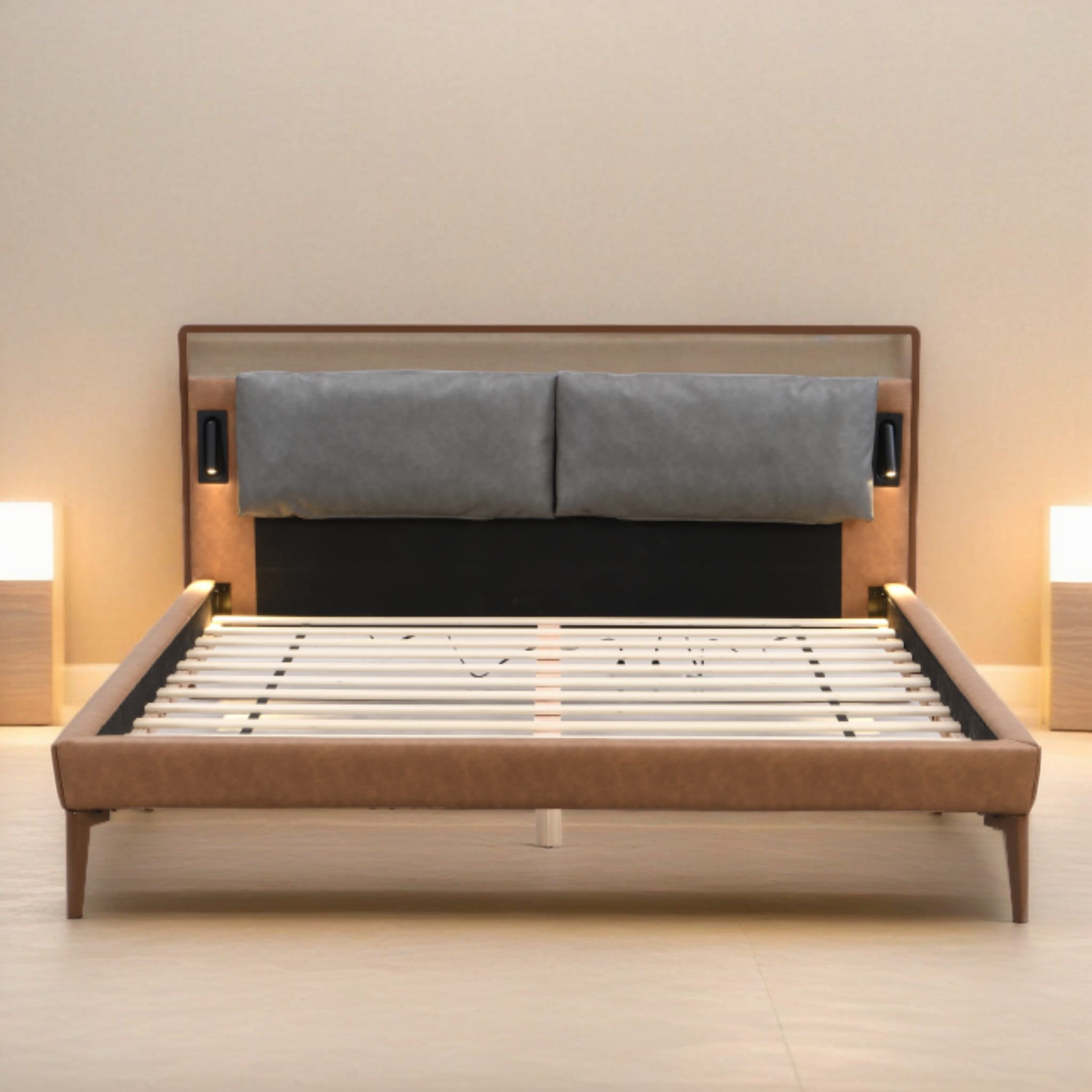 Brown & Gray Full Bed Frame with LED Lights - Faux Leather Headboard ...