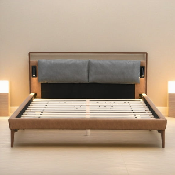 Brown & Gray Full Bed Frame with LED Lights - Faux Leather Headboard ...