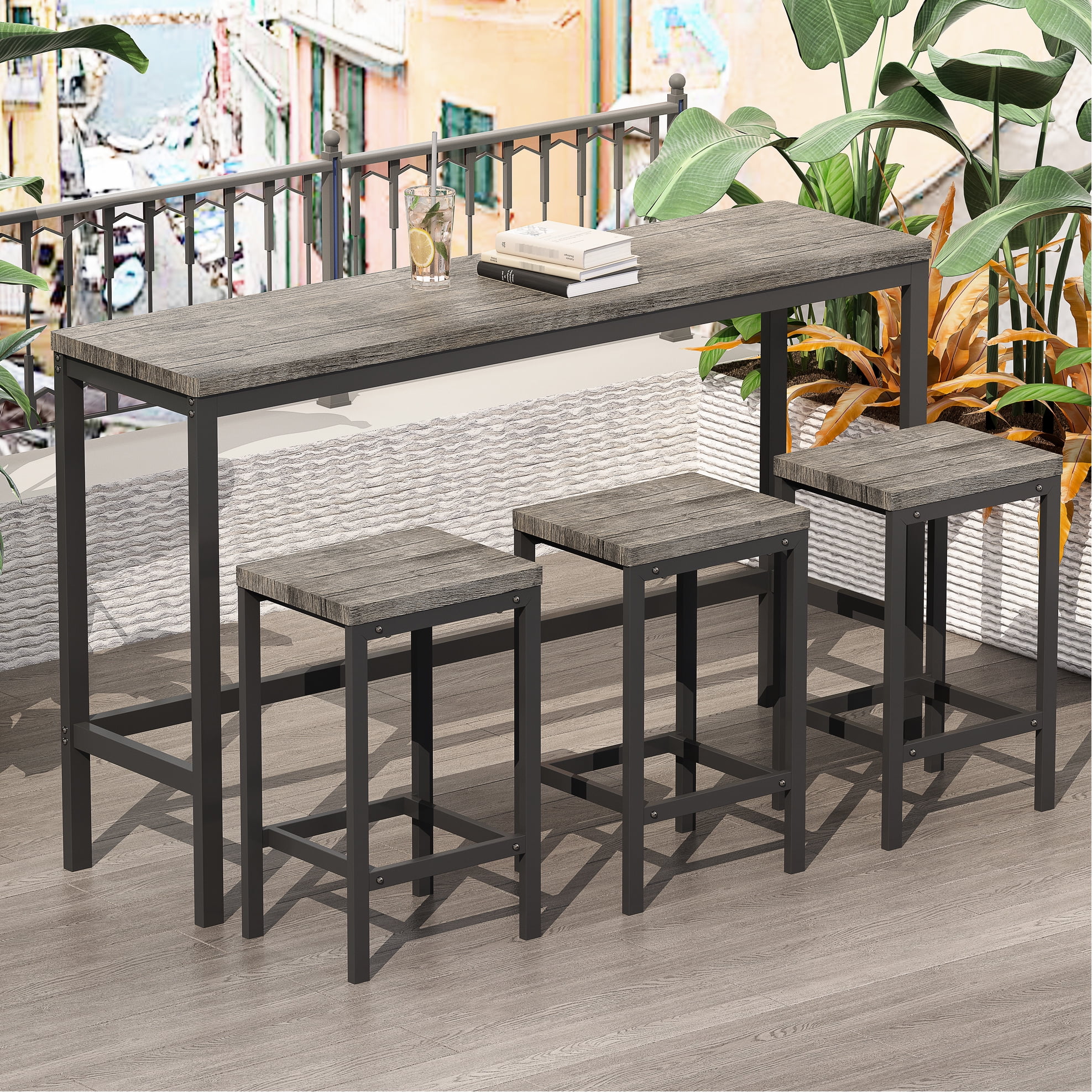 Brown Gray Long Dining Table . & Structure. 3 Stools. Easy To Assemble ...