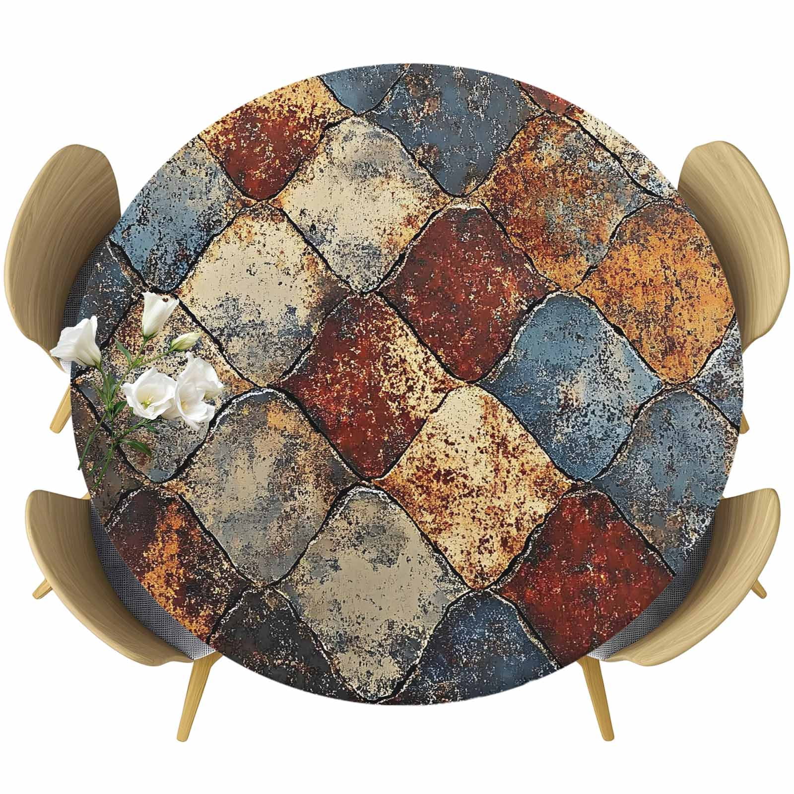 Brown Gray Plaid Table Cloth, Round Fitted Tablecloths with Elastic ...