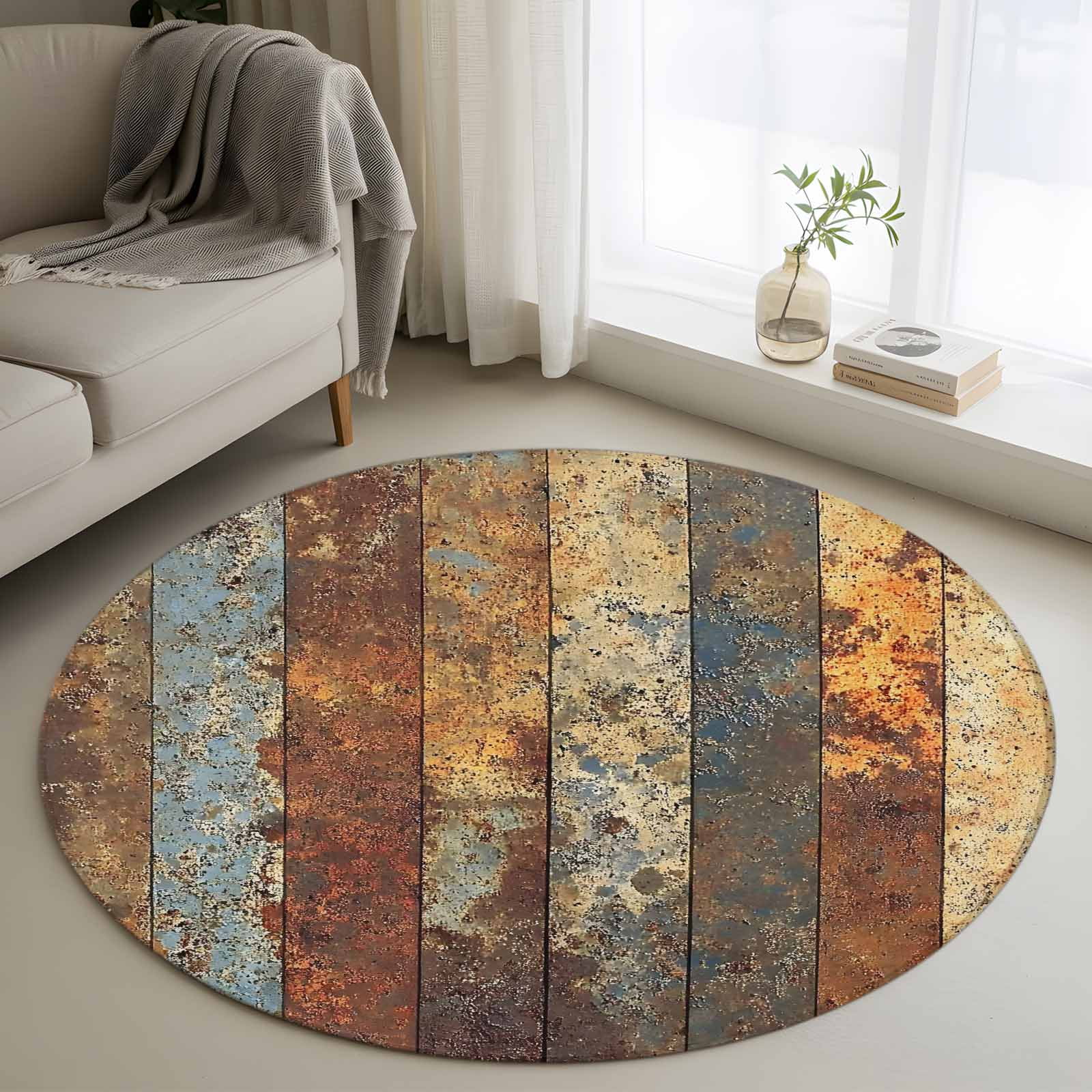 Brown Gray Round Area Rug 4 FT, Non Slip Indoor Outdoor Rug, Farmhouse ...