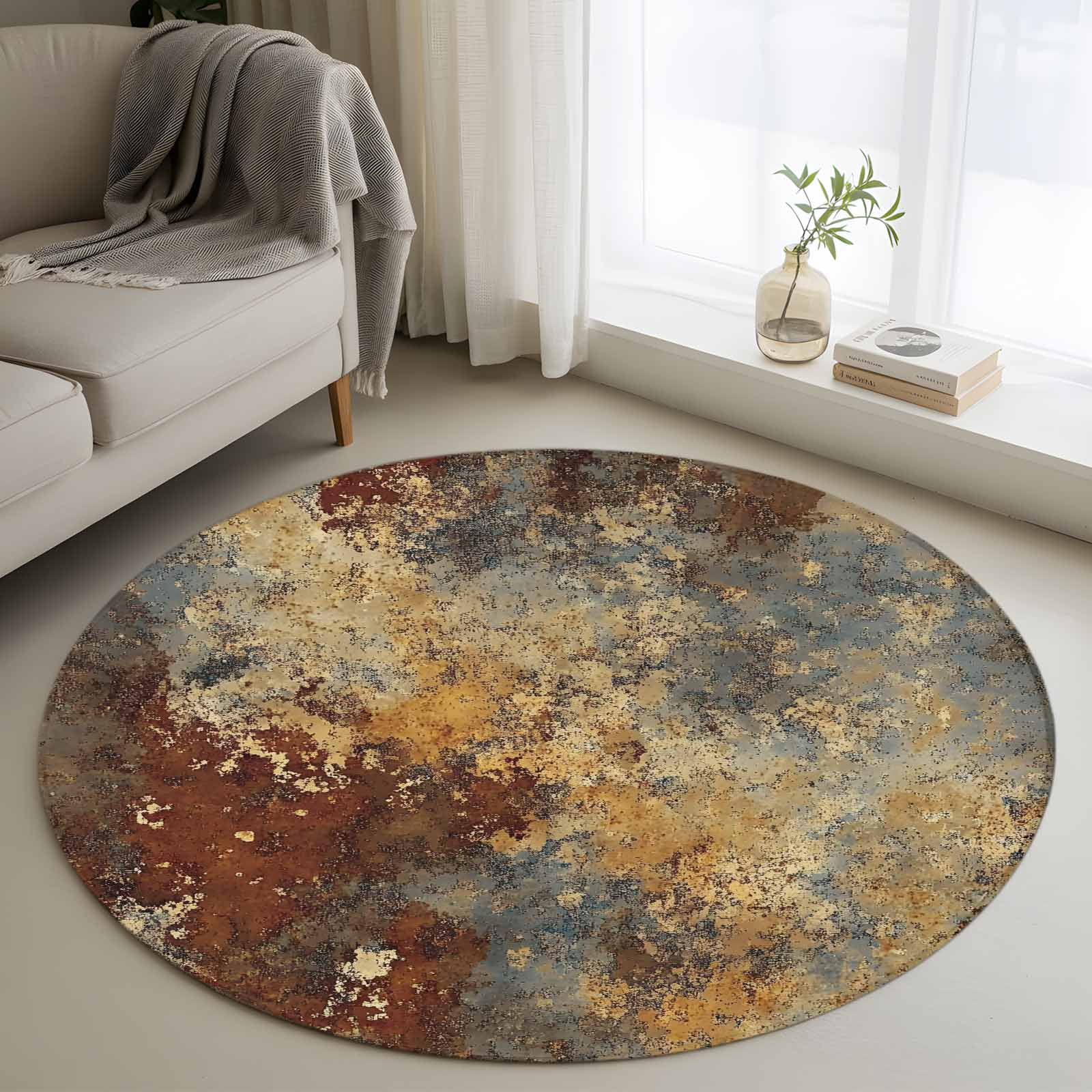 Brown Gray Round Area Rug 4 FT, Non Slip Indoor Outdoor Rug, Rustic ...