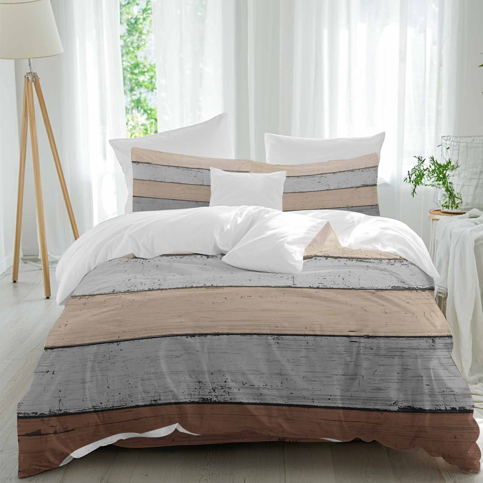 Brown Gray Wood Grain Duvet Cover Set Queen Size, Countryside Stripe 4 ...