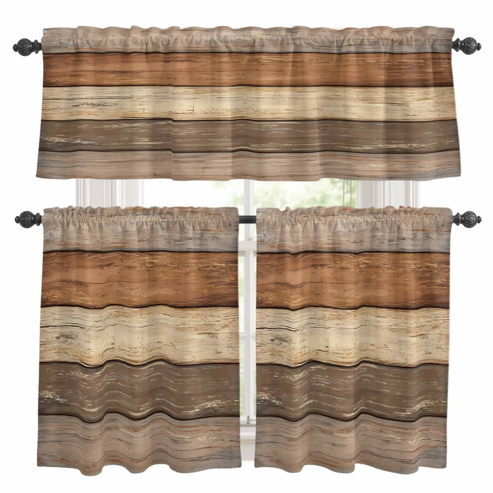 Brown Gray Wood Grain Kitchen Curtains Set for Windows, Vintage ...