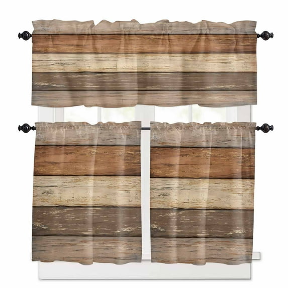Brown Gray Wood Grain Kitchen Curtains Valance and Tier Set Vintage ...