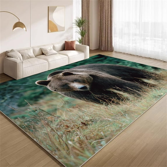 Brown Green Bear Area Rugs, Forest Wildlife Animal Pattern Carpet ...