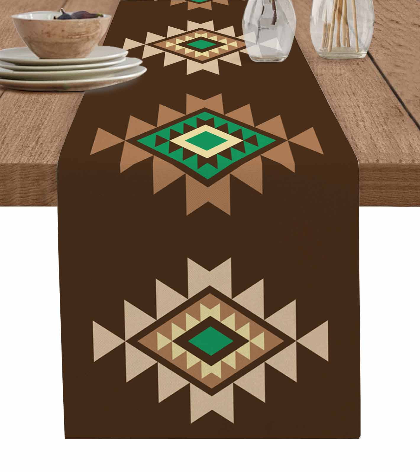 Brown Green Boho Table Runner Vintage Southwest Abstract Geometric ...