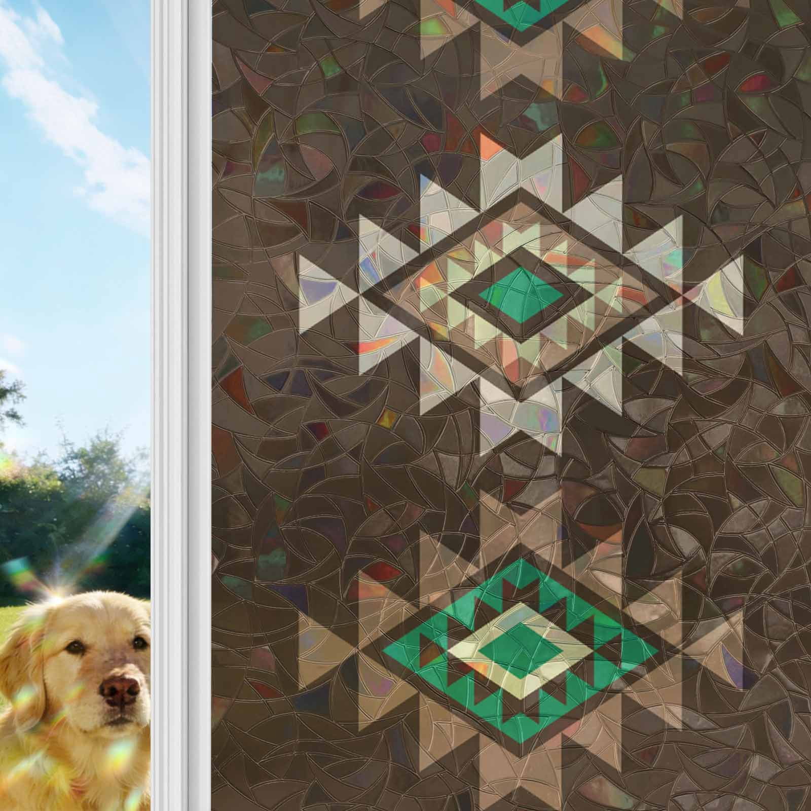 Brown Green Boho Window Privacy Film Stain Glass,Reusable Decorative ...