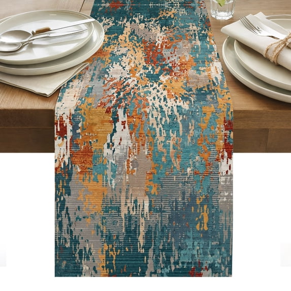 Brown Green Copper Rust Cotton Linen Table Runner Abstract Vintage ...