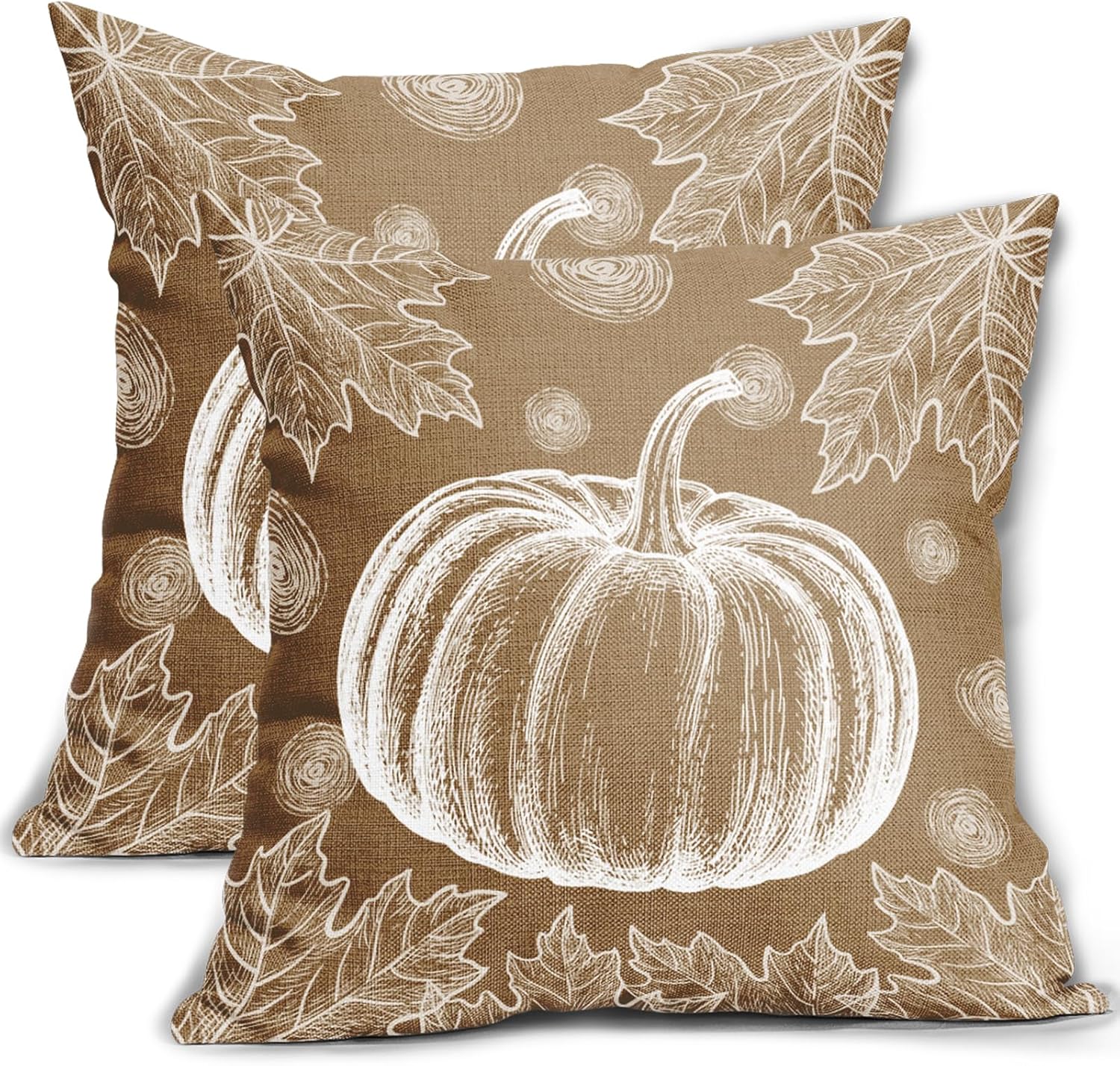 Brown Green Fall Pillow Covers 16x16 Set of 2 White Pumpkin Maple Leaf ...