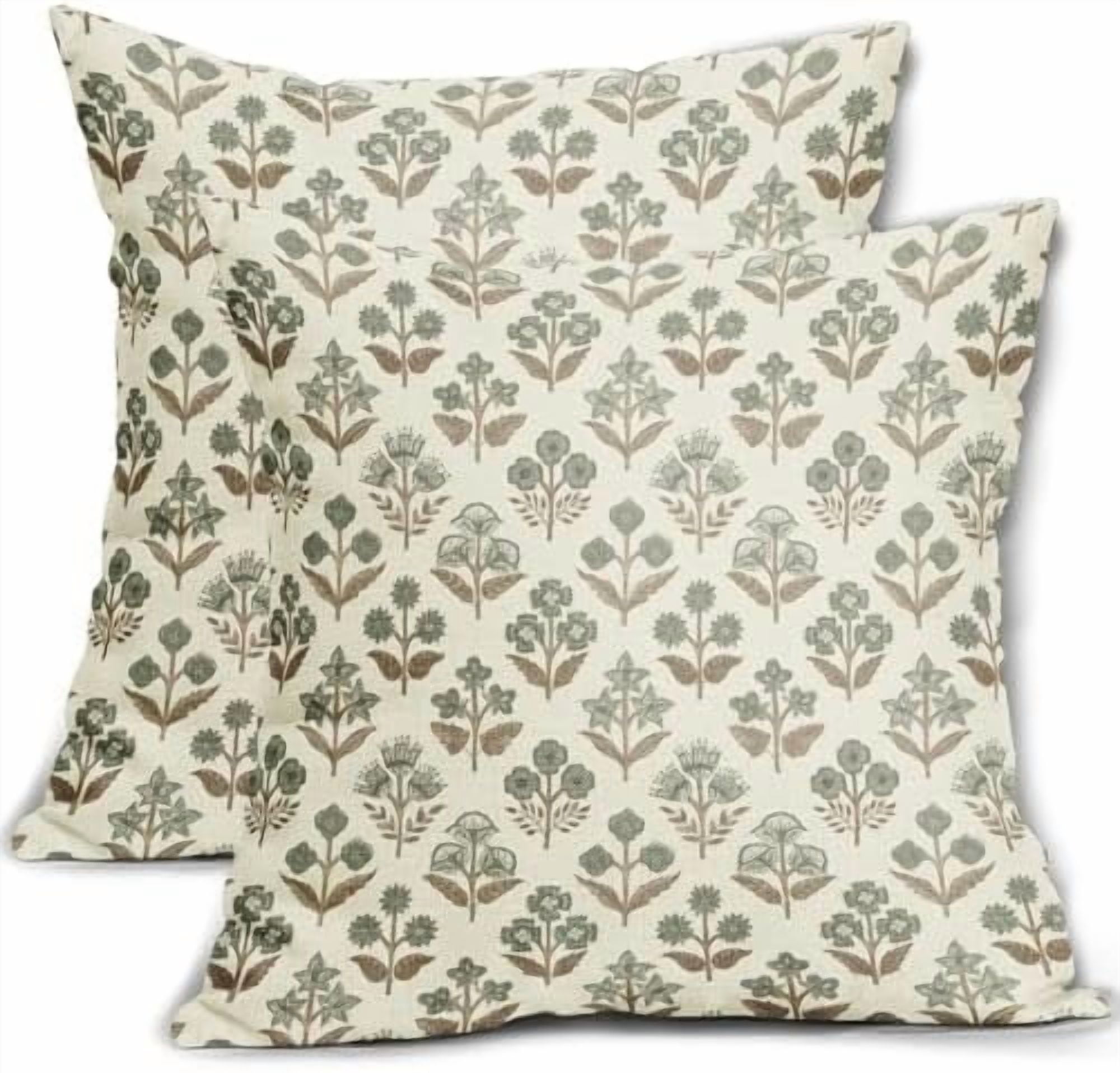 Brown Green Floral Block Print Pillow Covers 16x16 Inch Set of 2 ...