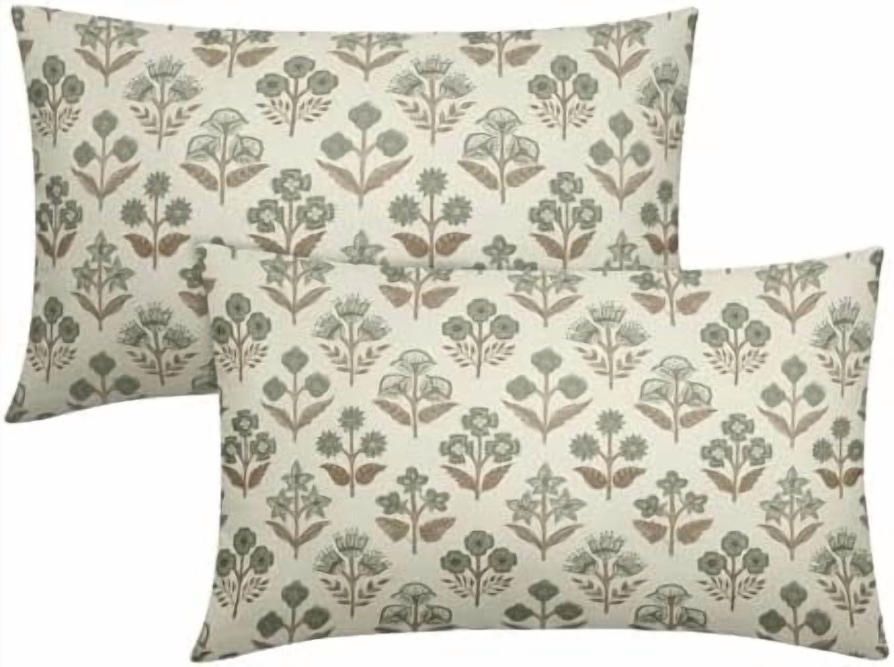 Brown Green Floral Pillow Covers 12x20 Inch Set of 2, Block Print ...