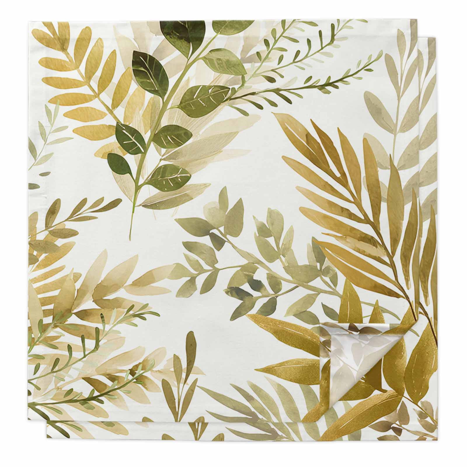 Brown Green Leaves Cloth Napkins, Summer Botanical Farmhouse Watercolor ...
