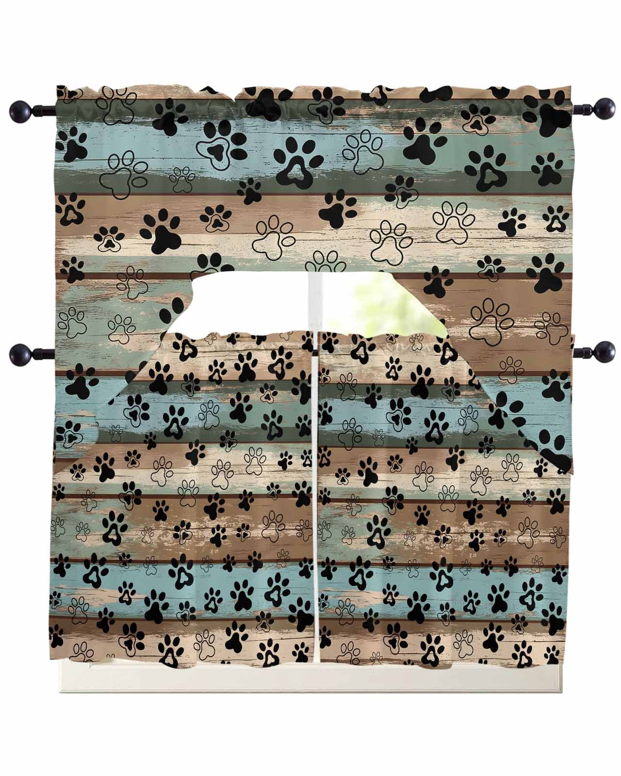 Brown Green Paw Print Kitchen Curtains Sets 24 Inch Length with Valance ...
