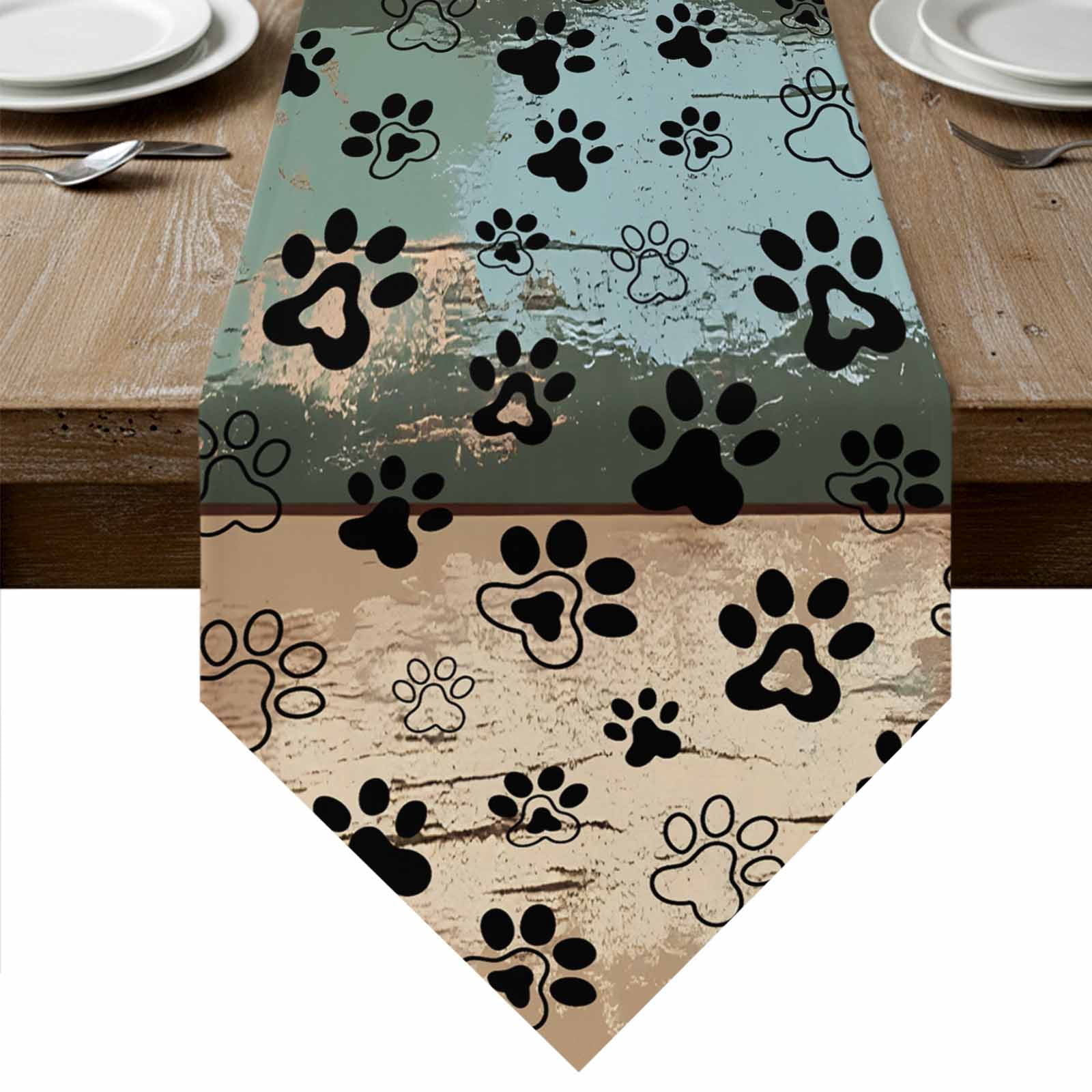 Brown Green Paw Print Table Runner Linen Burlap Table Runner 36 Inches ...