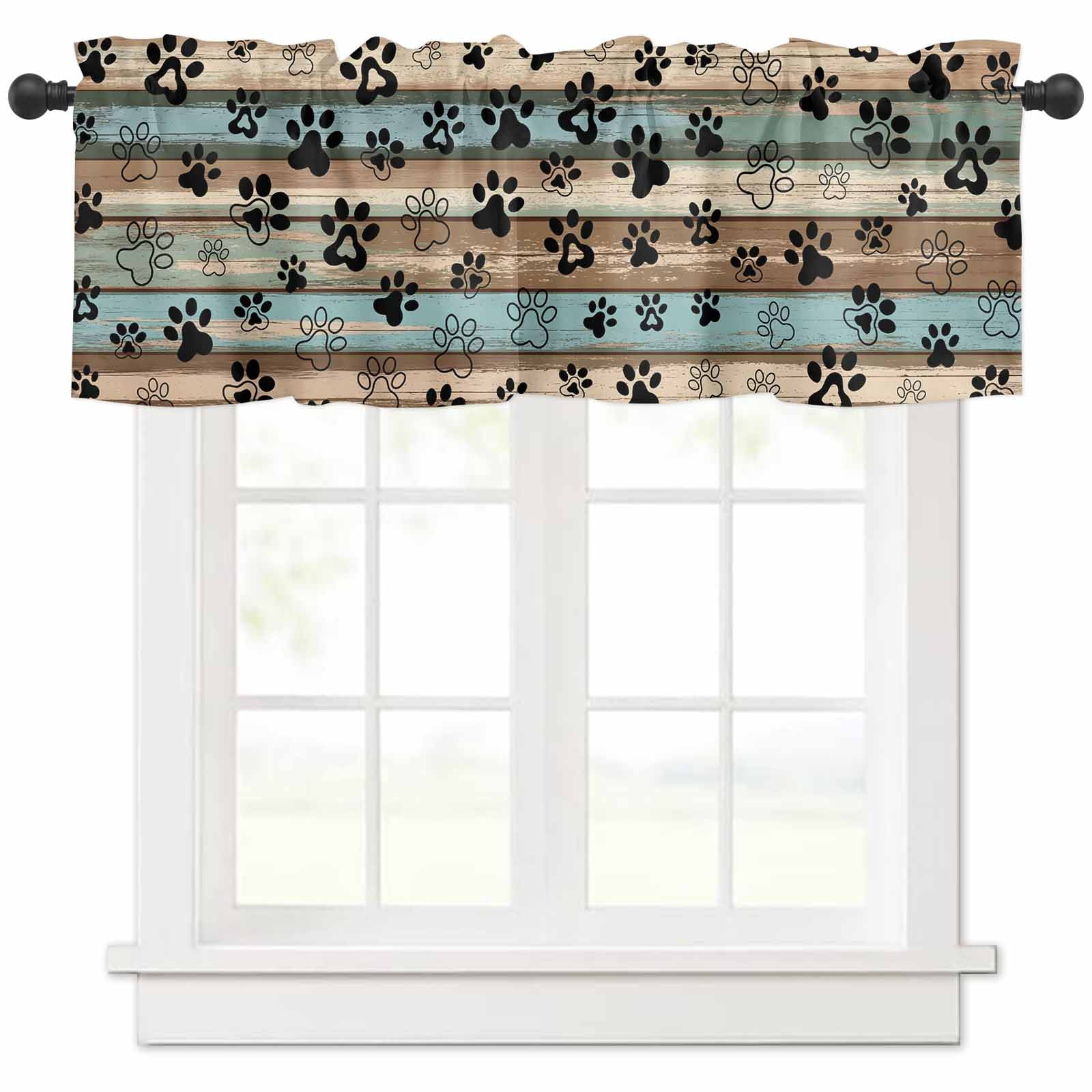 Brown Green Paw Print Valances for Windows Farmhouse Kitchen Curtains ...