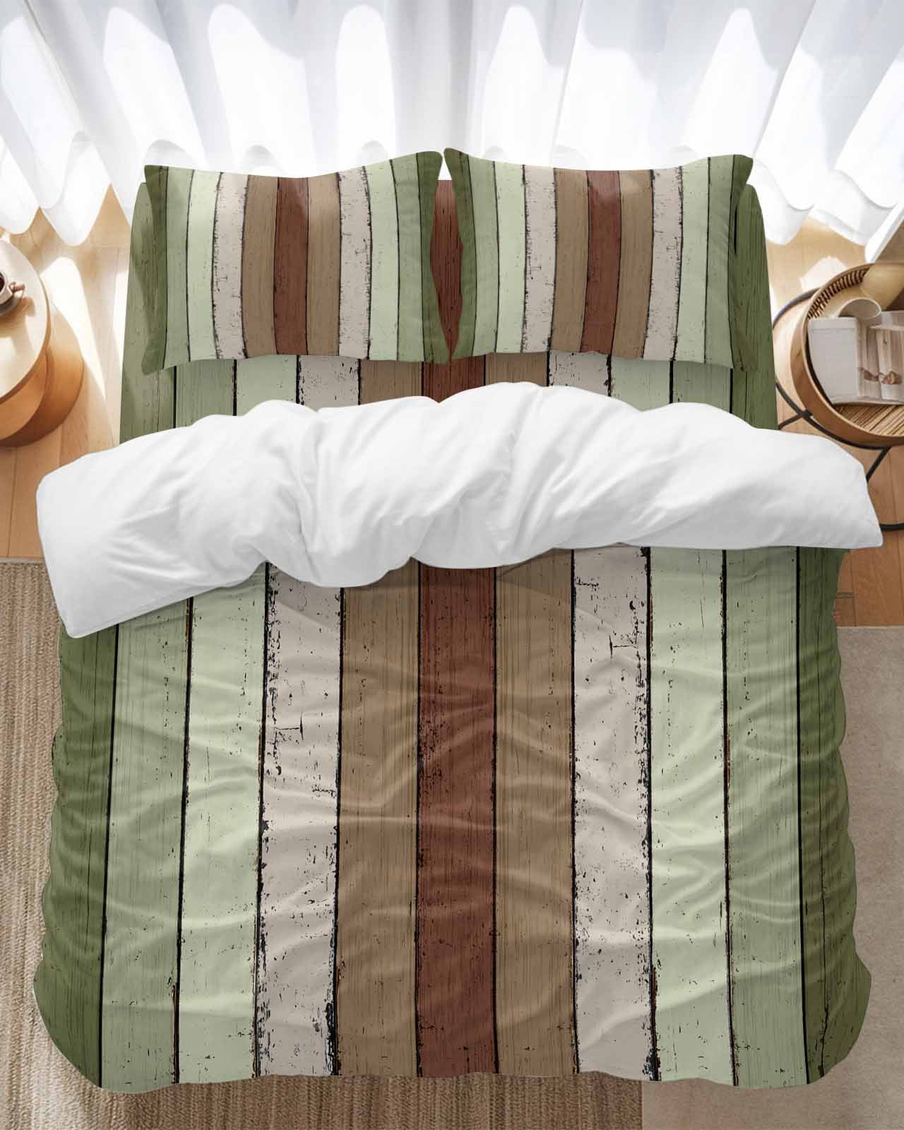 Brown Green Striped Bedding Duvet Cover Set Twin Size 4 Pieces Modern ...