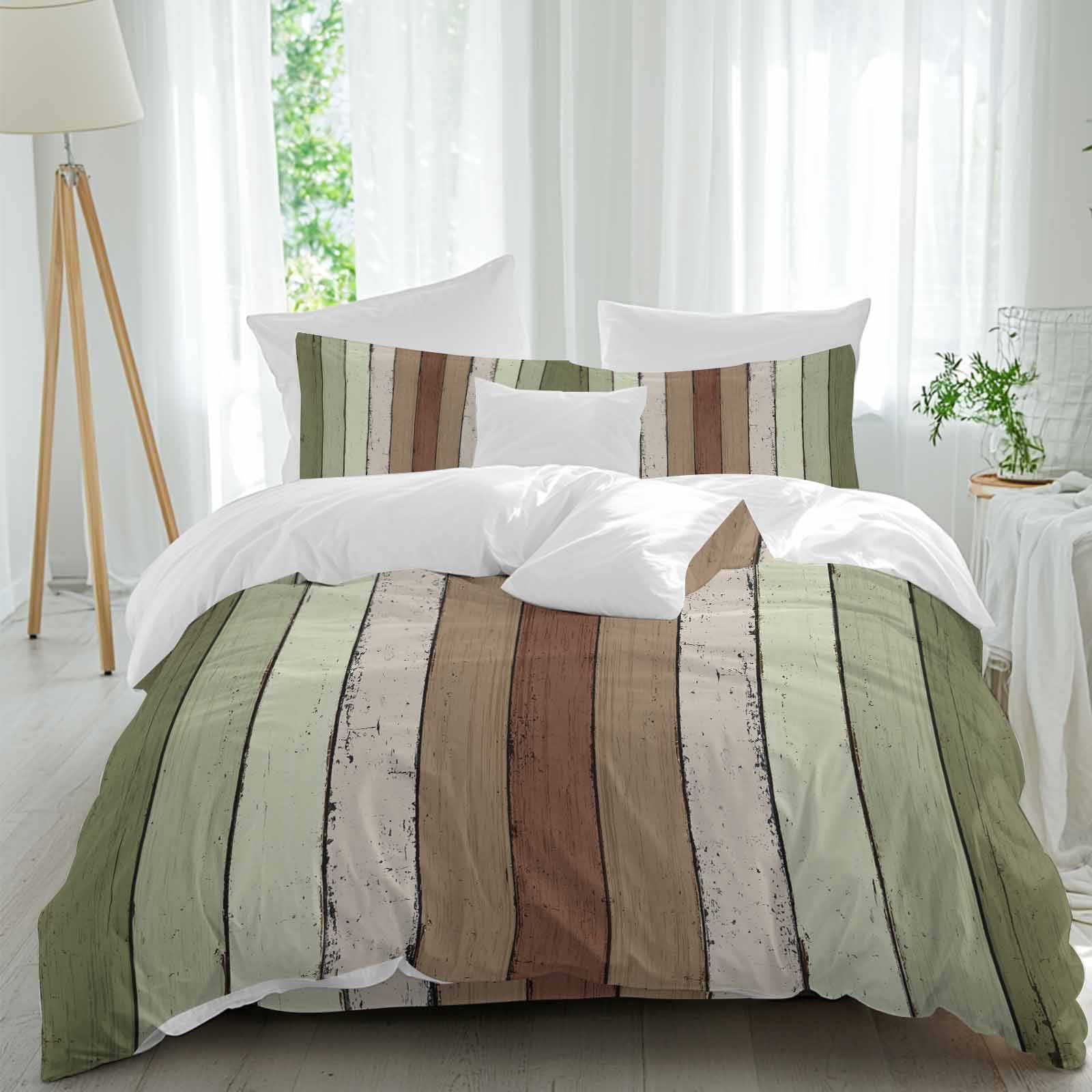 Brown Green Striped Comforter Set Twin Size, Modern Vintage Wood ...
