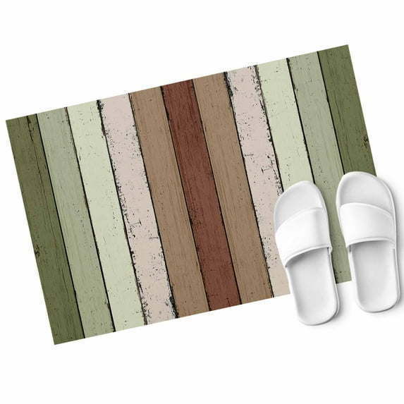 Brown Green Striped Door Mat Modern Vintage Wood Texture Rectangle Non ...