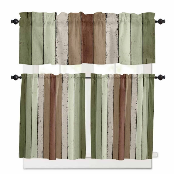 Brown Green Striped Kitchen Curtains Valance and Tier Set Modern ...