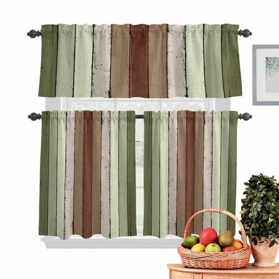 Brown Green Striped Kitchen Curtains Valances 3 Piece Set, Modern ...