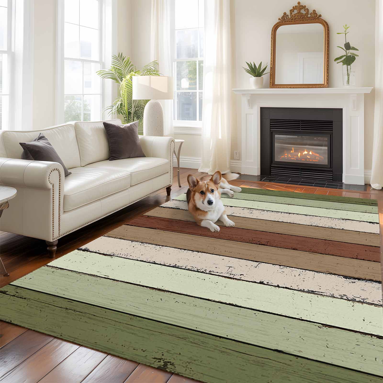 Brown Green Striped Large Area Rugs 8x10 ft Modern Vintage Wood Texture ...