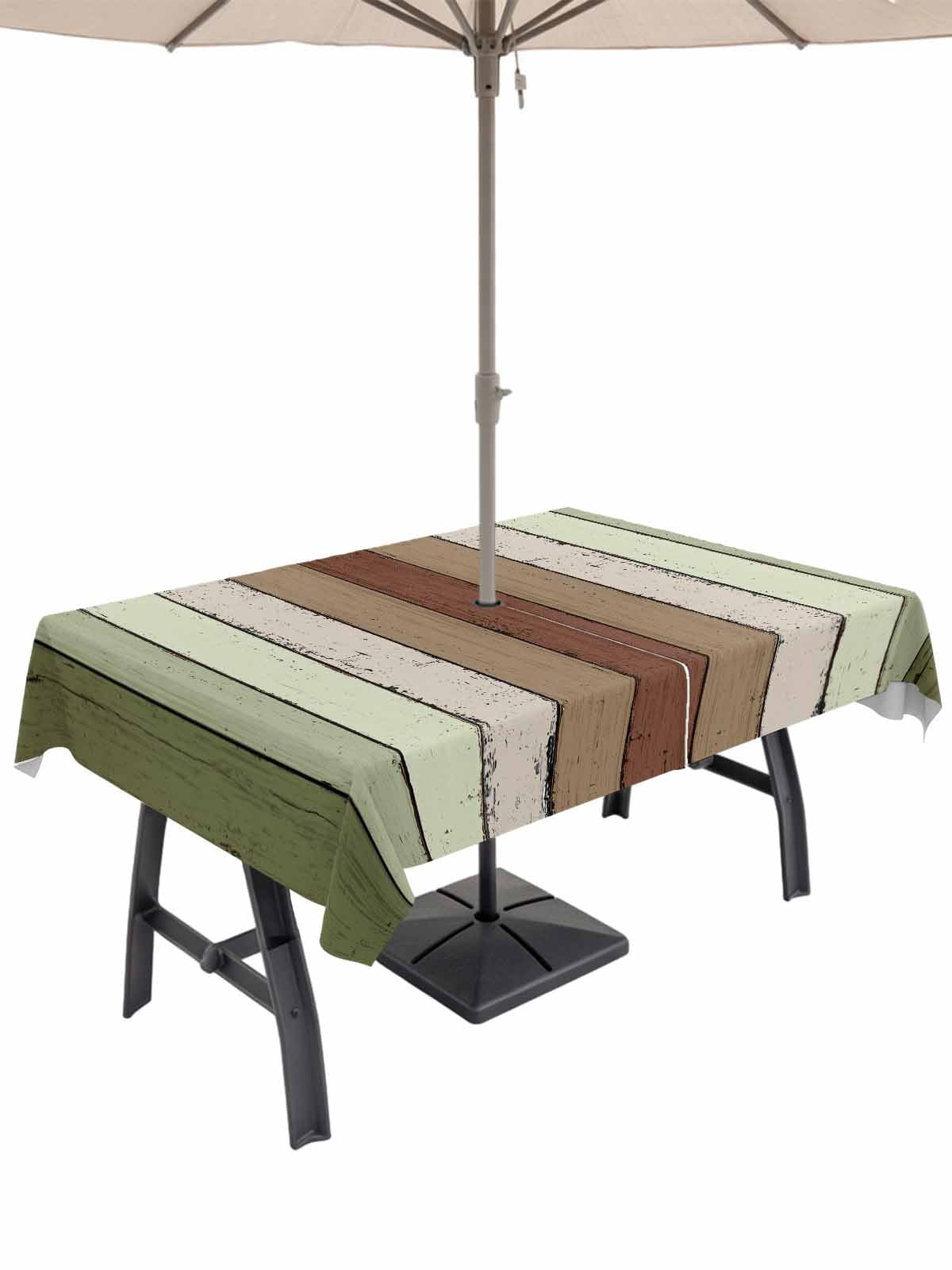 Brown Green Striped Rectangle Outdoor Tablecloth with Umbrella Hole ...