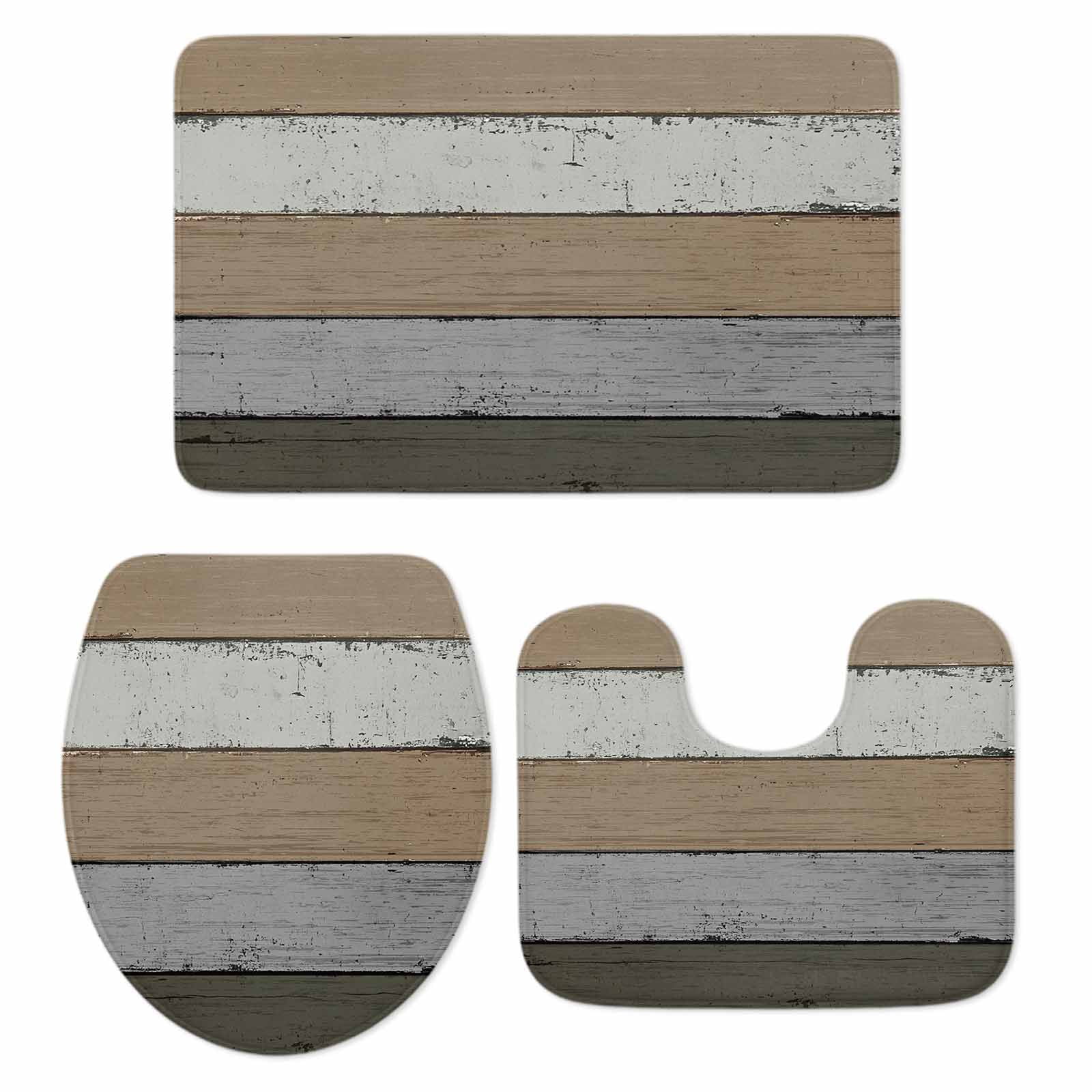 Brown Green Wood Grain Bathroom Rugs Set Countryside Stripe Non Slip ...