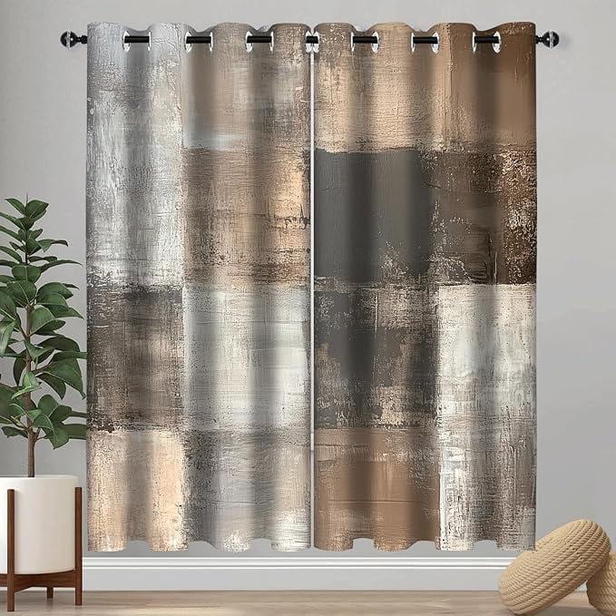 Brown Grey Abstract Blackout Curtain, Rustic Farmhouse Acrylic ...