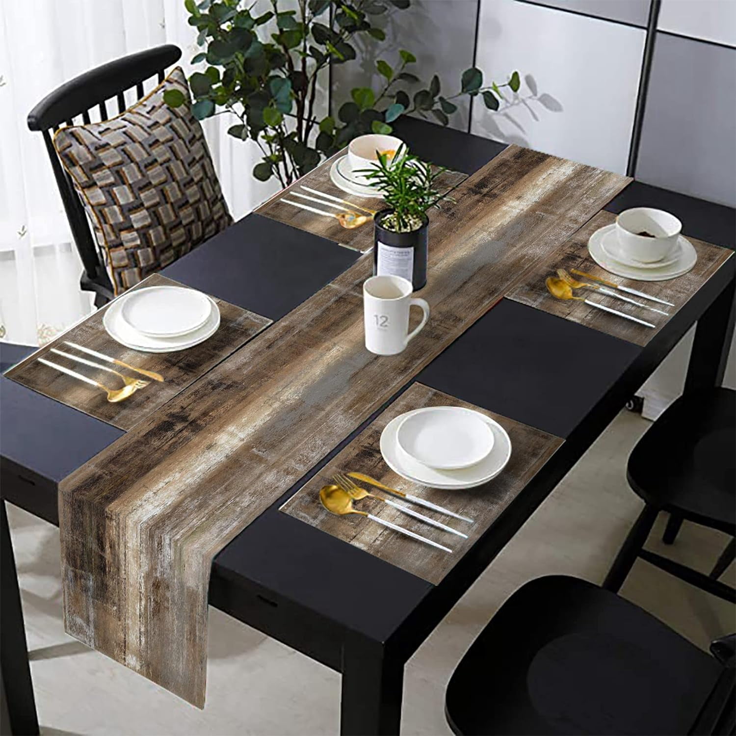 Brown and Grey Abstract Modern Table Runner with Place Mats Set of 7 ...