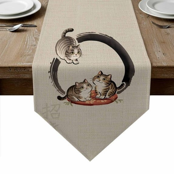 Brown Grey Cat Table Runner Linen Burlap Table Runner 72 Inches Long ...