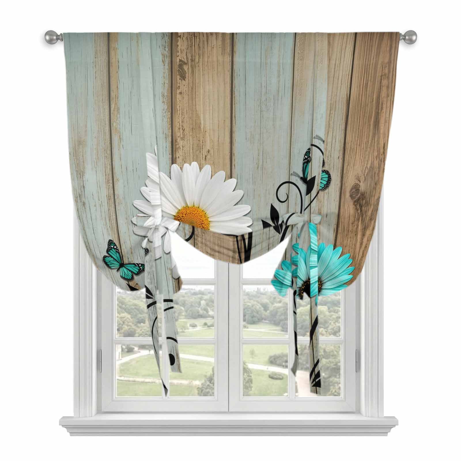 Brown Grey Daisy Farmhouse Tie Up Curtains for Window, Thermal ...