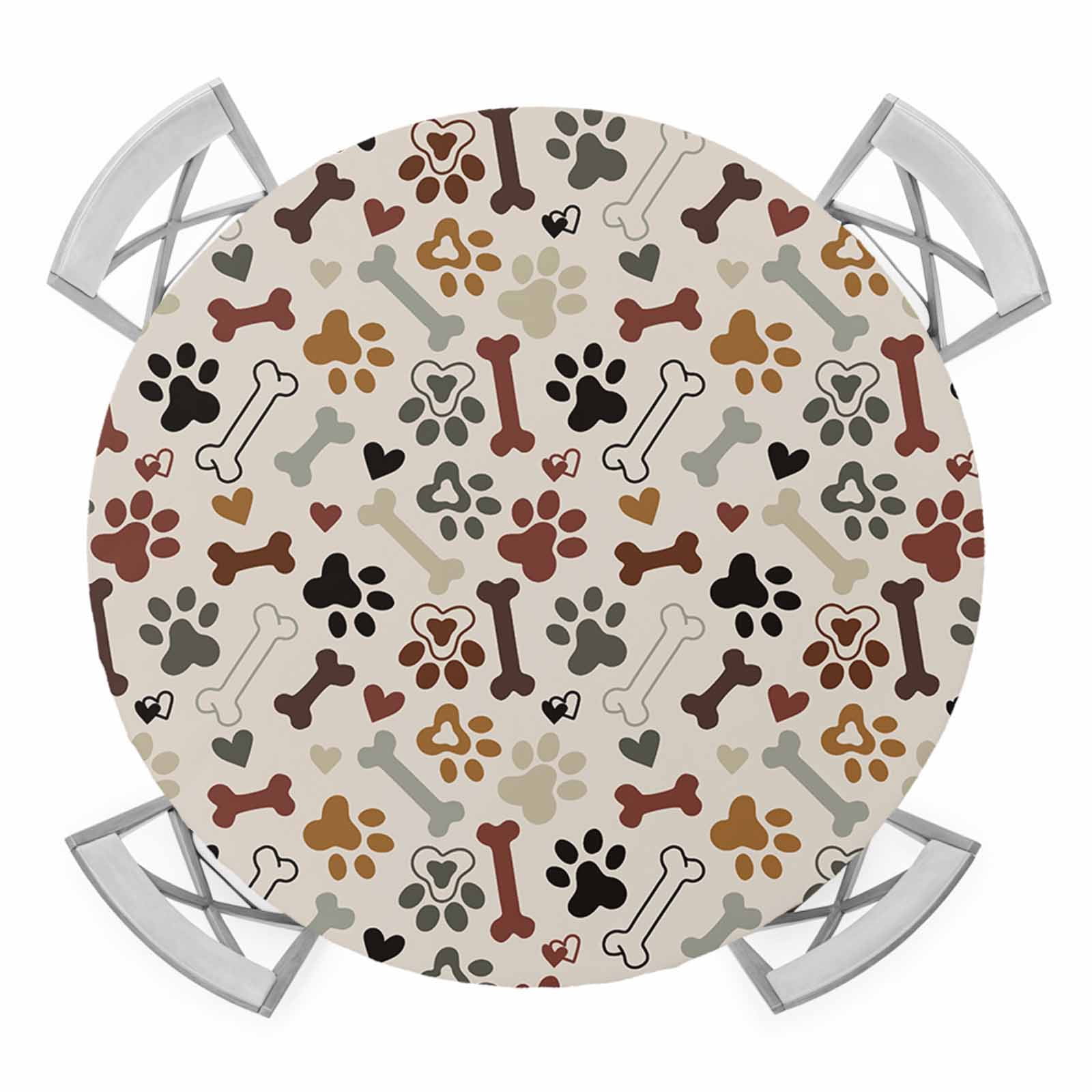 Brown Grey Dog Paw Round Tablecloth for 55-60 Inch Tables, Fitted Table ...