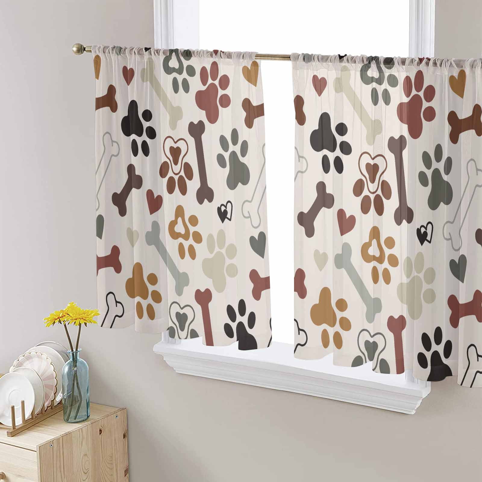 Brown Grey Dog Paw Sheer Curtains 54 Inch Length 2 Panels Set for ...