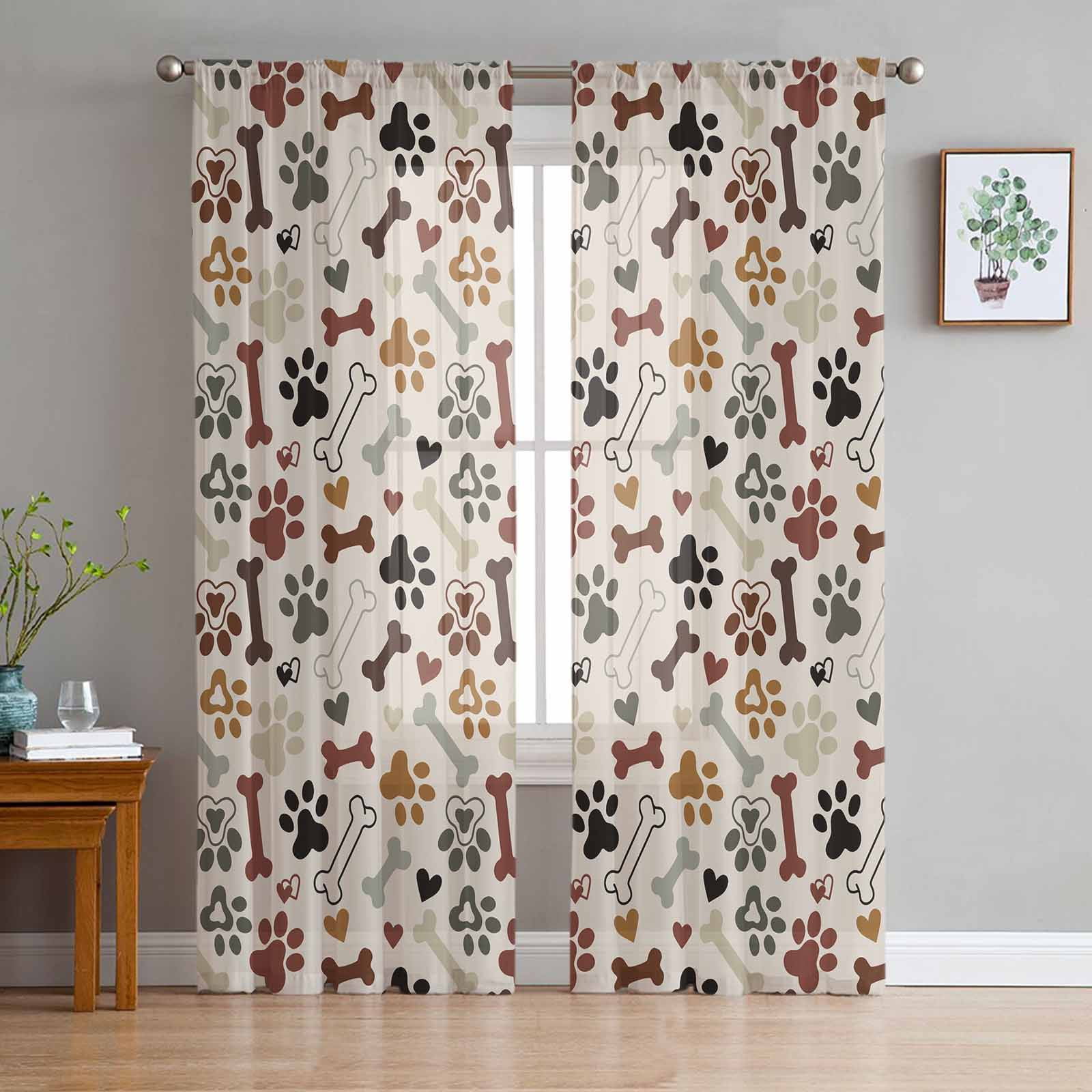 Brown Grey Dog Paw Sheer Curtains 63 Inch Length 2 Panels Set for ...