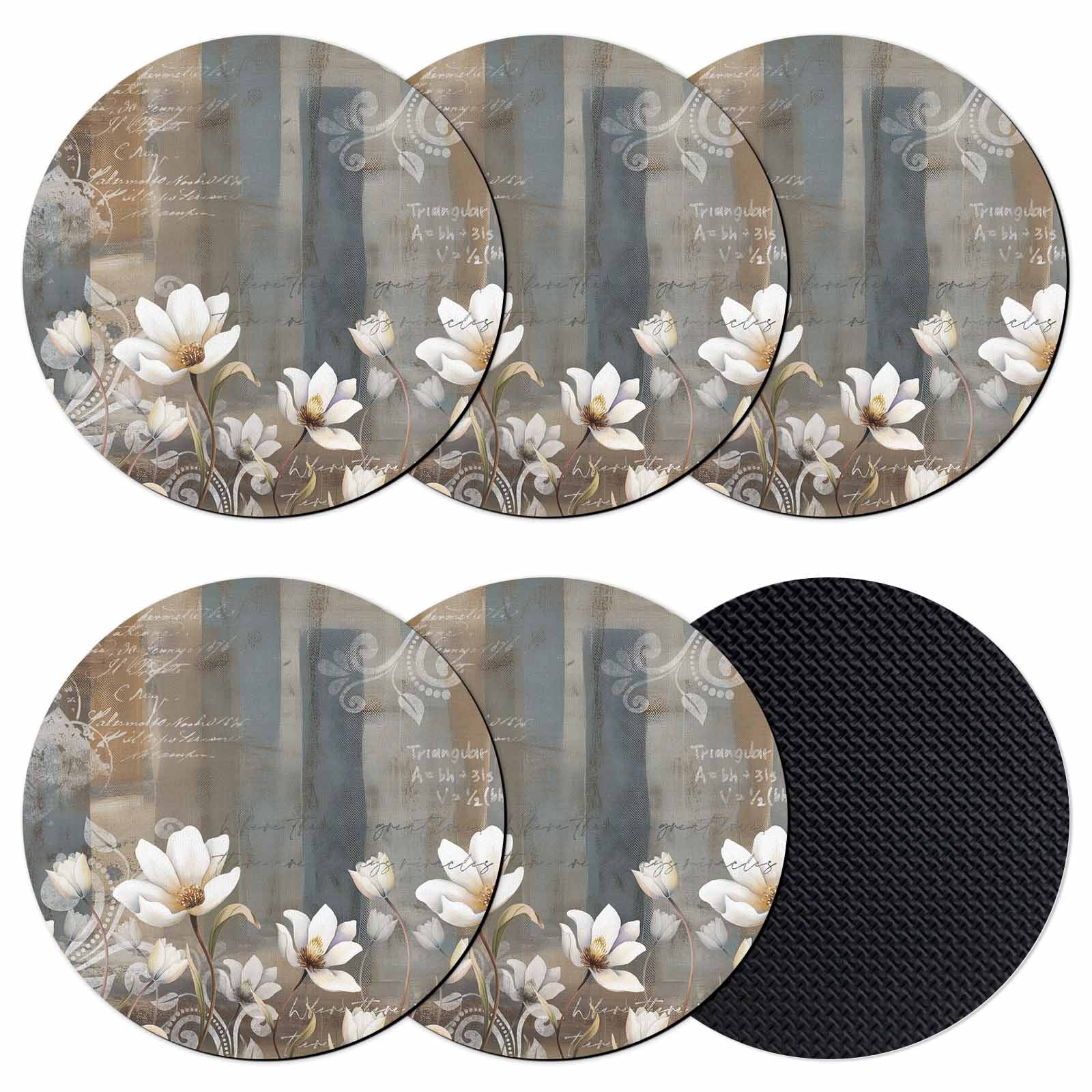 Brown Grey Floral Coasters Set of 6, Absorbent Coasters for Drinks ...