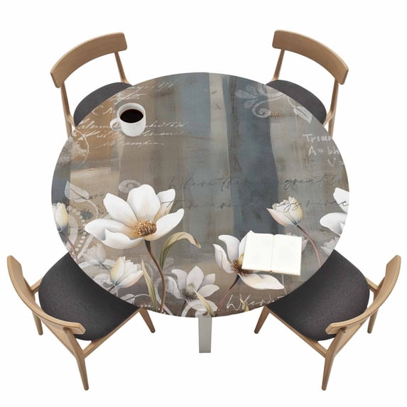 Brown Grey Floral Fitted Tablecloth with Elastic Edged, Round Table ...